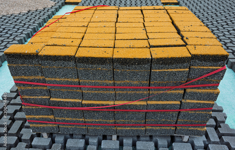 Pallet of interlocking concrete pavers, ready for installation. Close ...