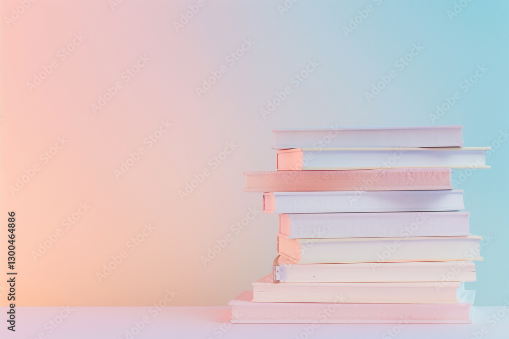 Stack of books on gradient background of pink color, pastel shades. The ...