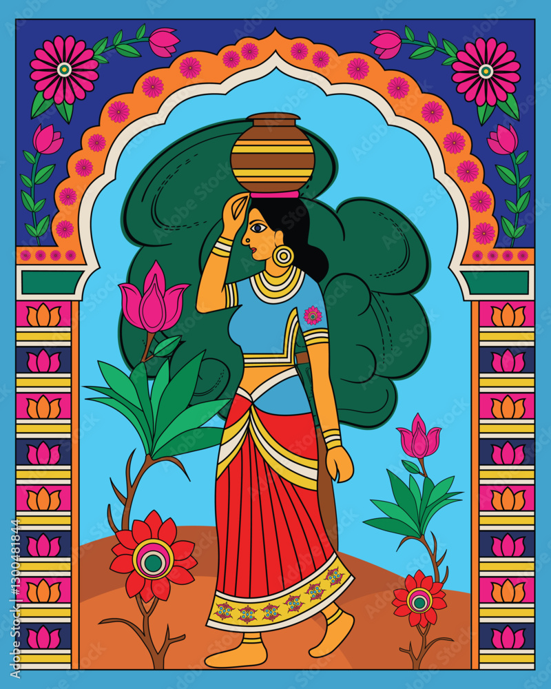 Madhubani Painting: Golden Sunset and Daily Life in Rural India ...