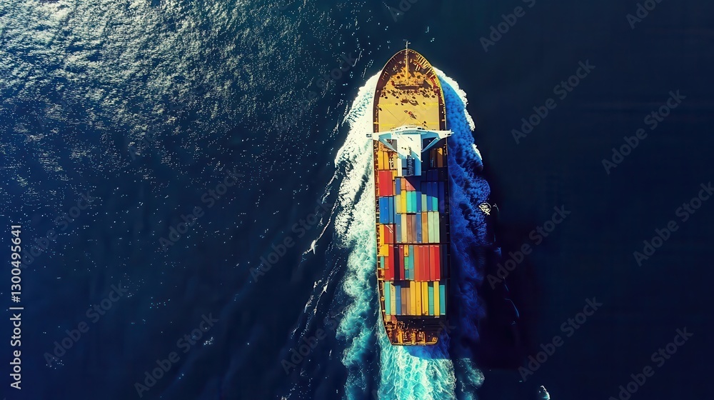 Cargo ship transporting containers on ocean water with blue waves and ...