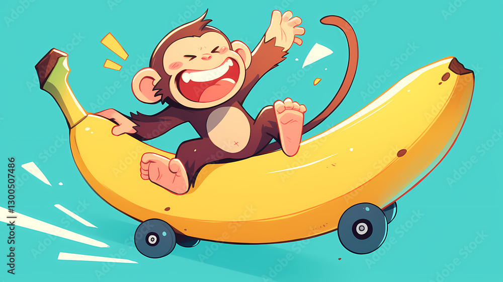 Playful monkey sliding joyfully on a giant banana with a vibrant ...