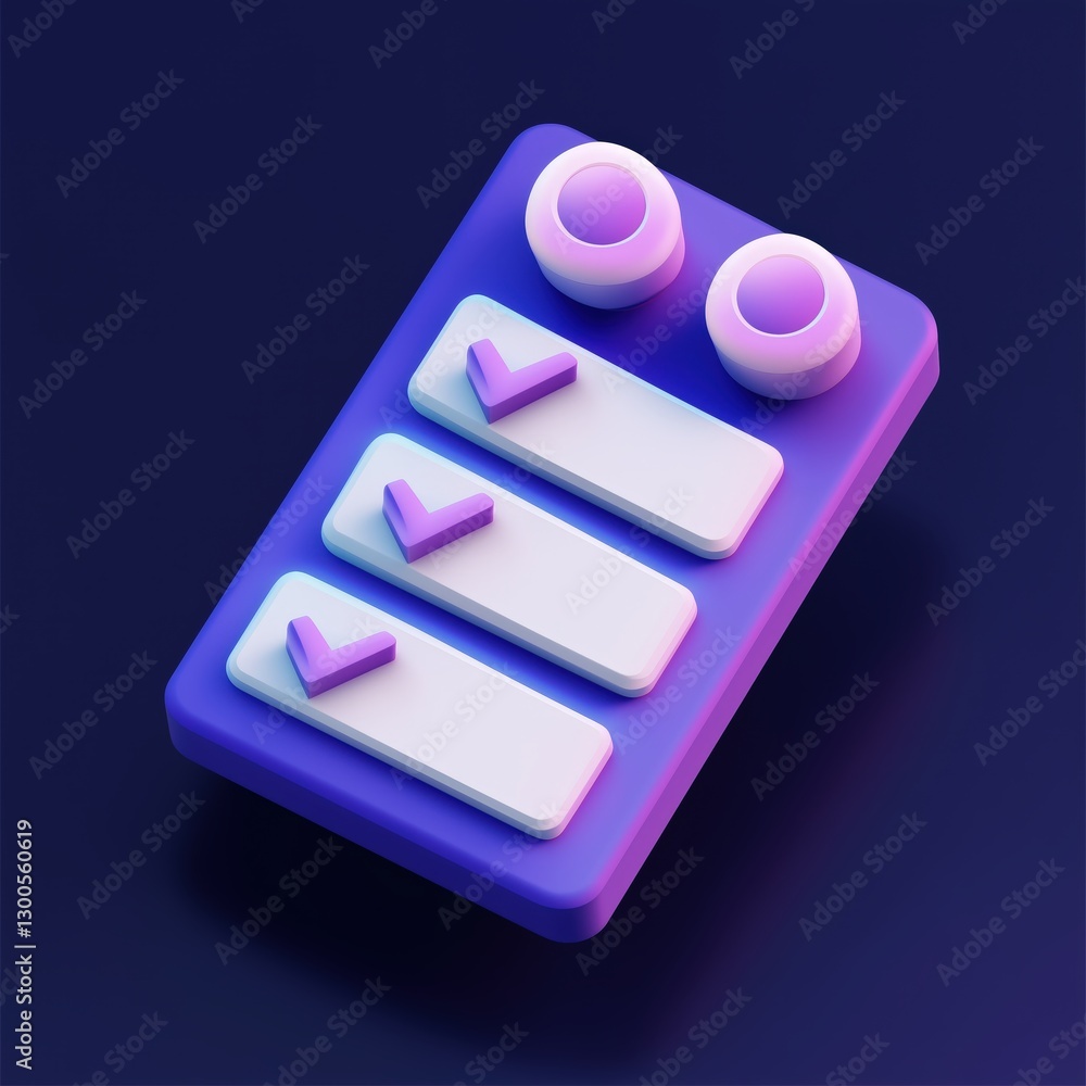 3D checklist with checkmarks and two circular objects on top over a ...