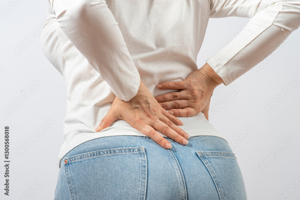 Woman grabbed his lower back. Radiculitis symptom, inflammation, pain in the spine Stock Photo ...