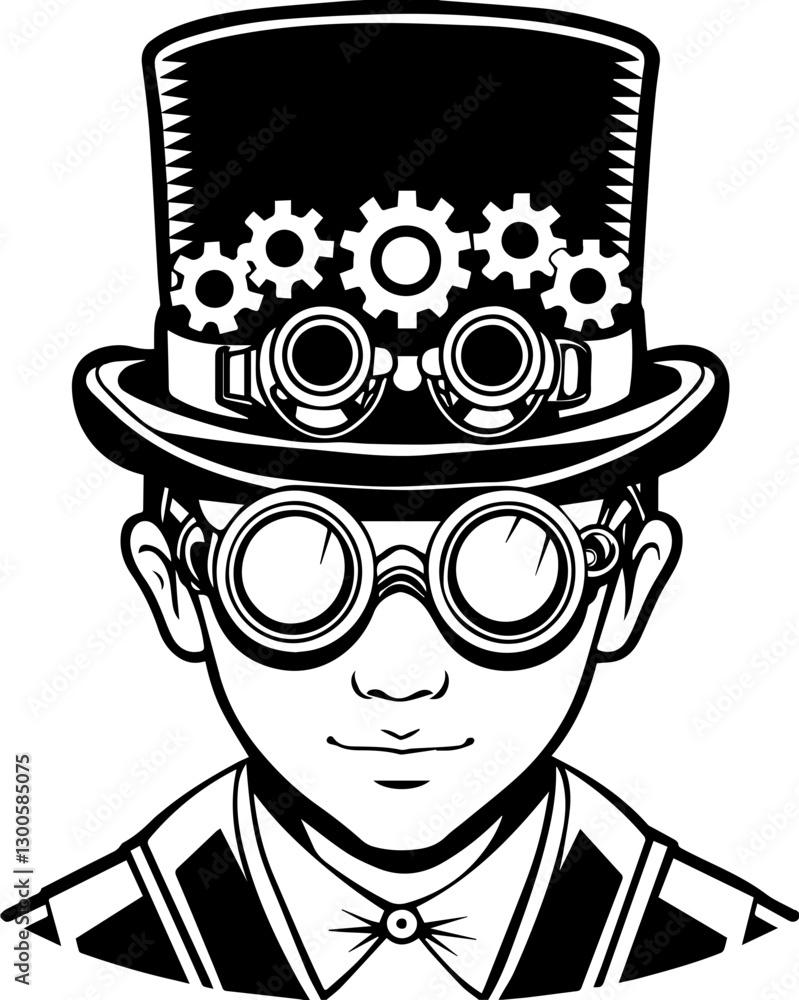 SVG vector showcases steampunk inventors and engineers. Young inventor ...