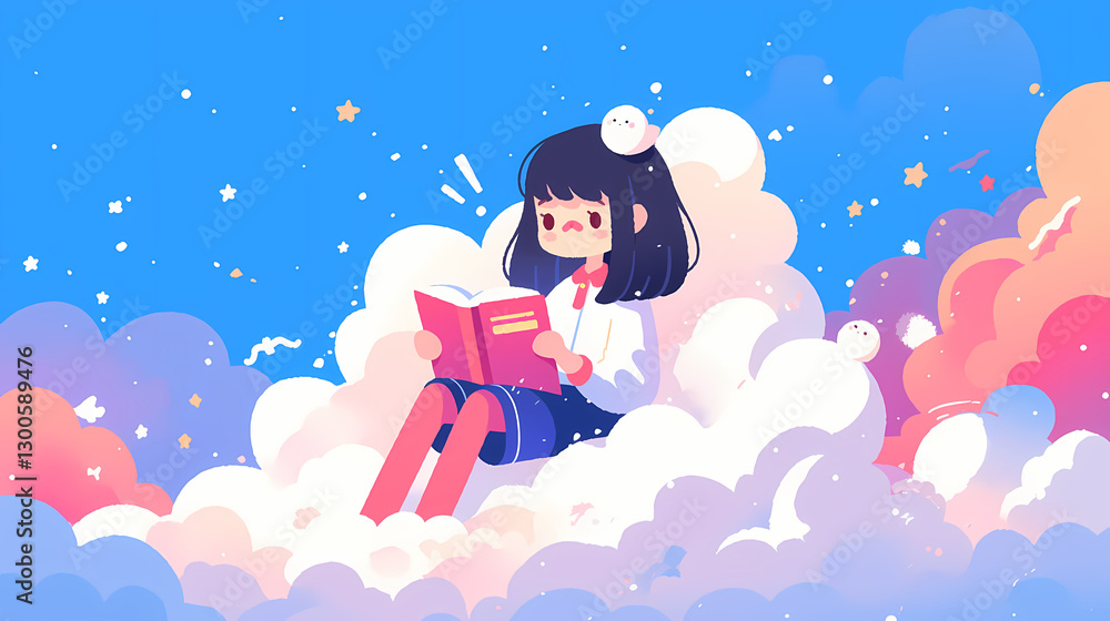 A young girl reading a book while sitting on fluffy clouds against a ...