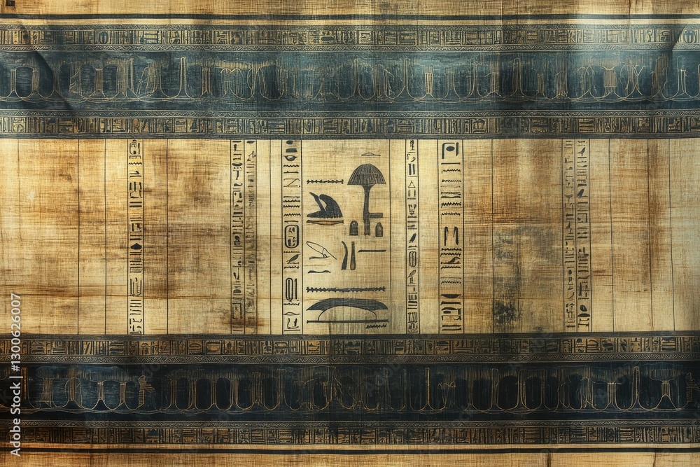 Ancient egyptian papyrus scroll with hieroglyphs and decorative borders ...