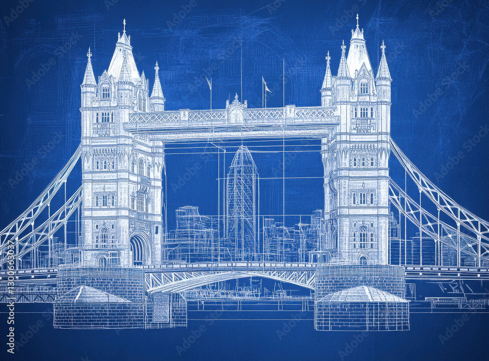 Blueprint displays the architectural design of Tower Bridge in London ...
