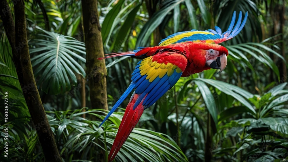 Scarlet Macaw in Flight Tropical Rainforest Bird Photography Stock ...