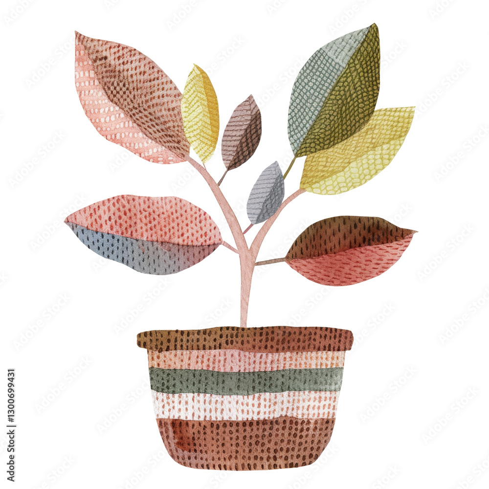 Watercolor cute colorful plant and leave in vintage clay pot clip art ...