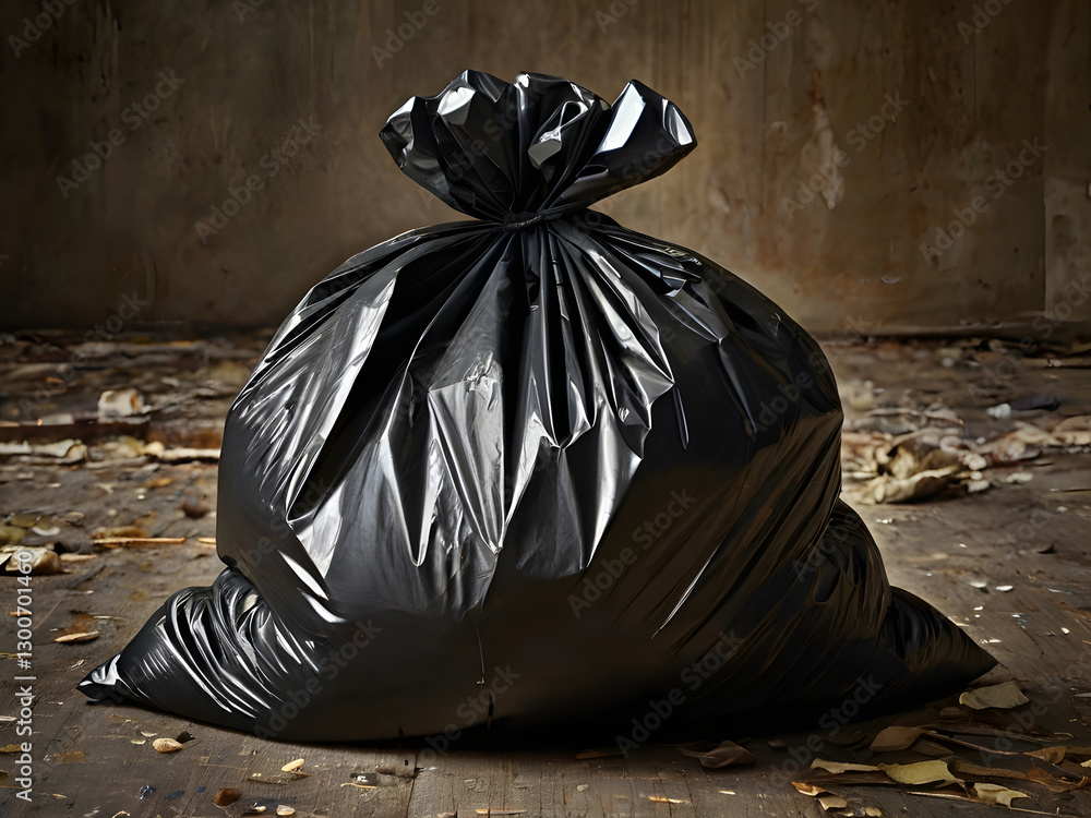 Black trash bag in a ruined setting: A large, black garbage bag ...