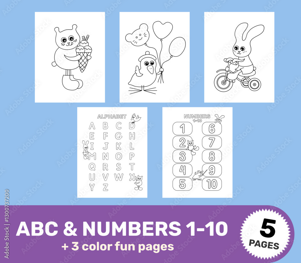 ABC, Numbers and 3 fun Coloring Pages for Kids – 5 Vector Worksheets ...