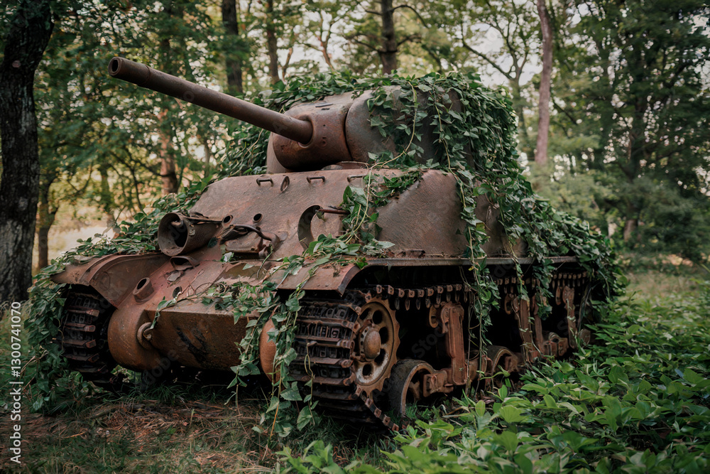 Rusted Sherman tank turret overgrown with vegetation in a peaceful ...