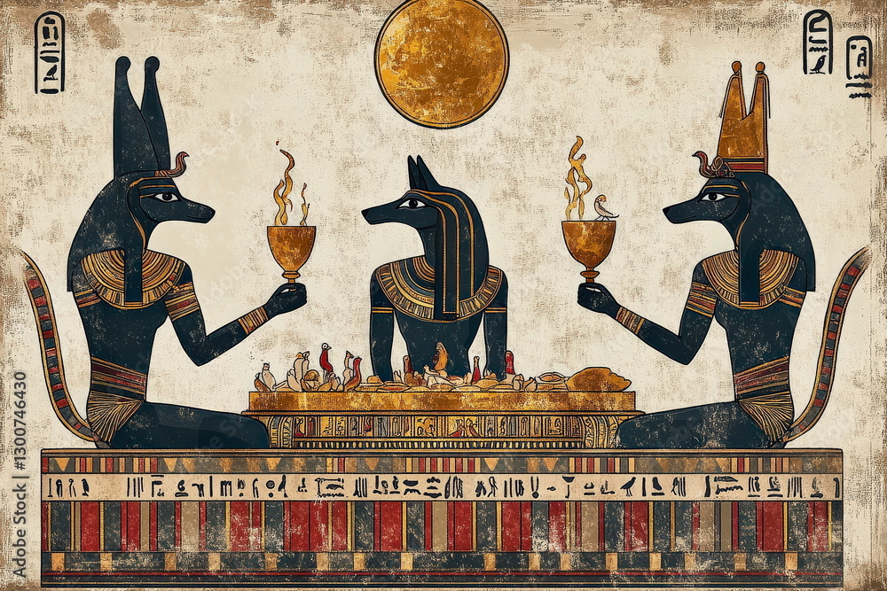 A divine feast in an ancient Egyptian temple, Ra, Osiris, and Bastet ...