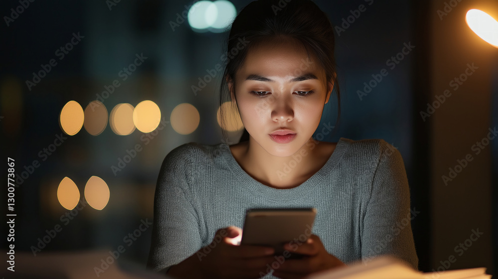 Professional Asian businesswoman working late, checking smartphone ...