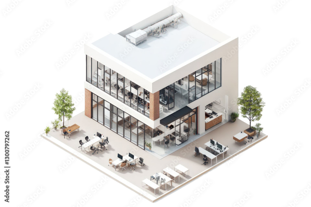 Isometric View Of A Modern Two Story Office Building With Restaurant ...