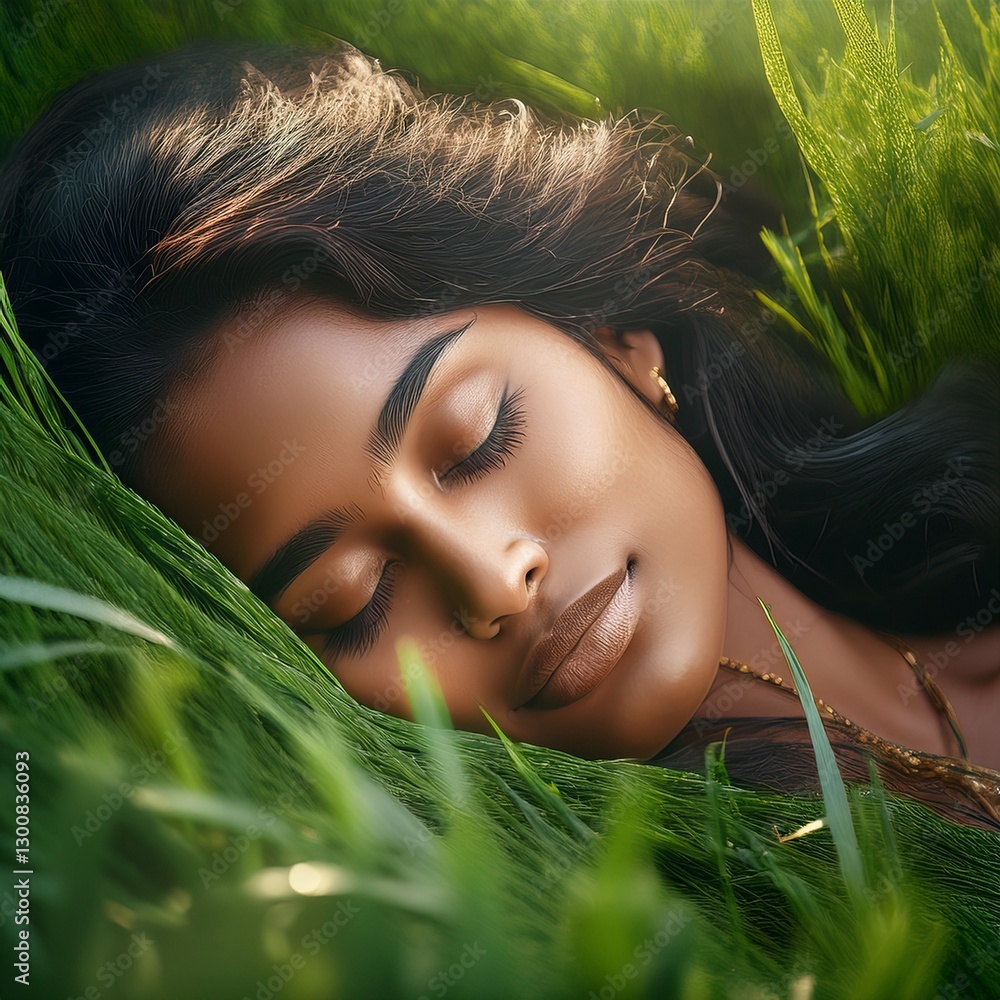 beautiful girl sleeping in grass, half covered with grass, world ...