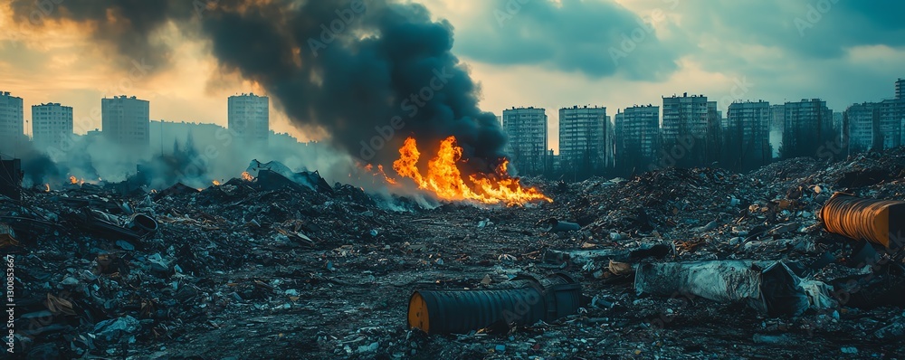 Urban fire hazard in an industrial dump site, with metal containers ...