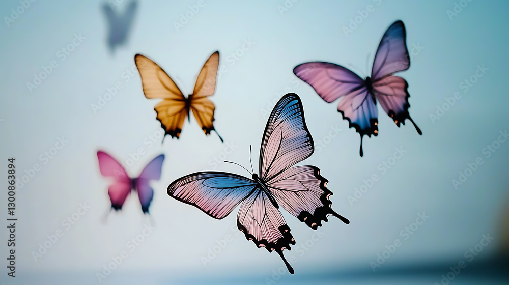 Four butterflies flying in the air, one of which is pink. generated ...