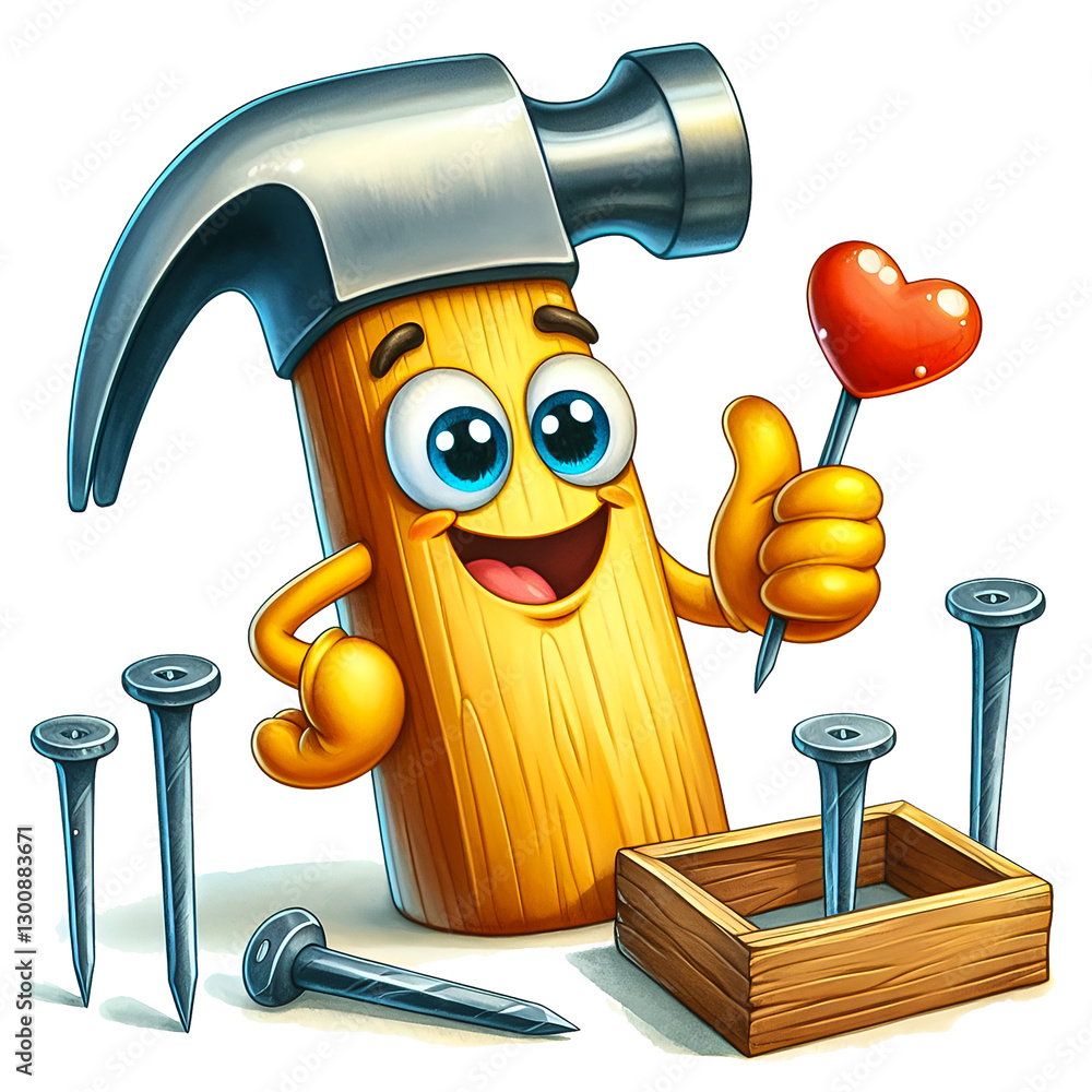 Watercolor Clipart of funny hammer and nail cartoon. Watercolor clipart ...