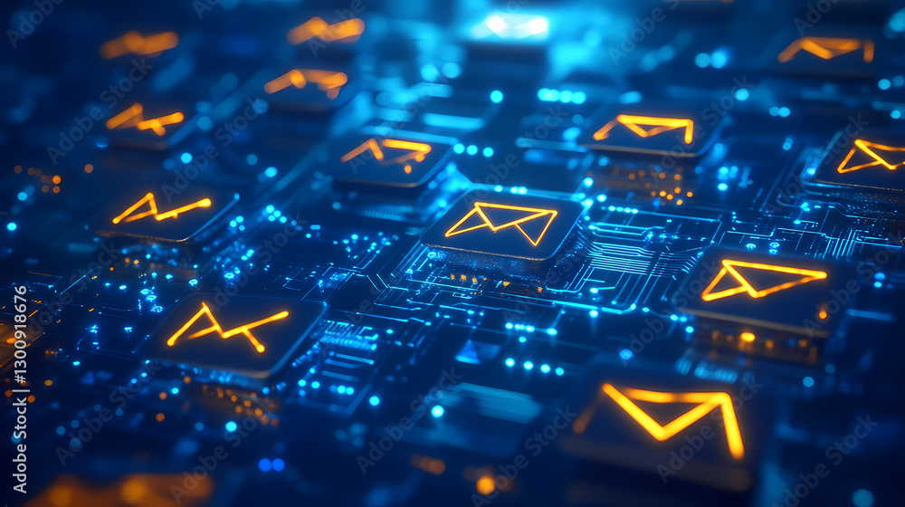 Glowing Email Symbols on Blue Circuit Board Representing Digital ...