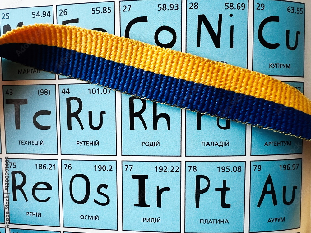 Periodic table section with ribbon in yellow and blue stripes displayed ...