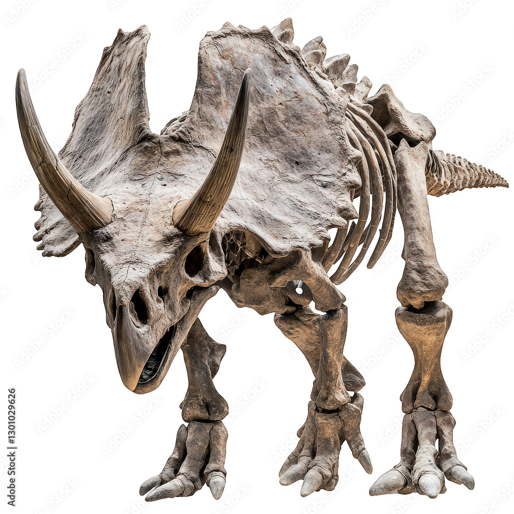 Triceratops fossil skeleton with large frilled skull, showcasing its ...