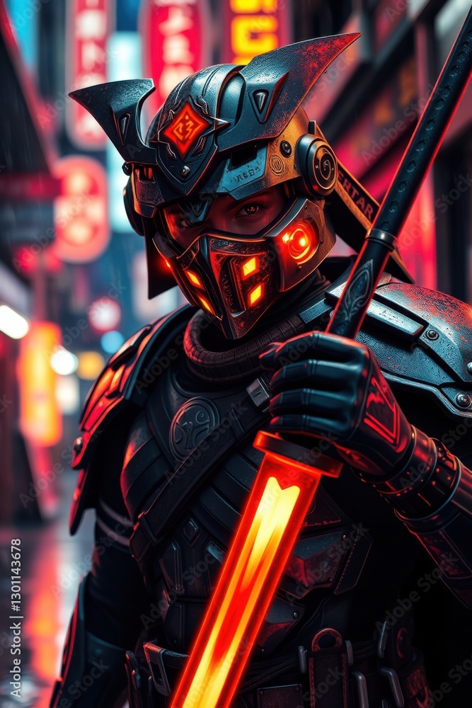 Cyberpunk samurai warrior in glowing armor with a katana, patrolling ...