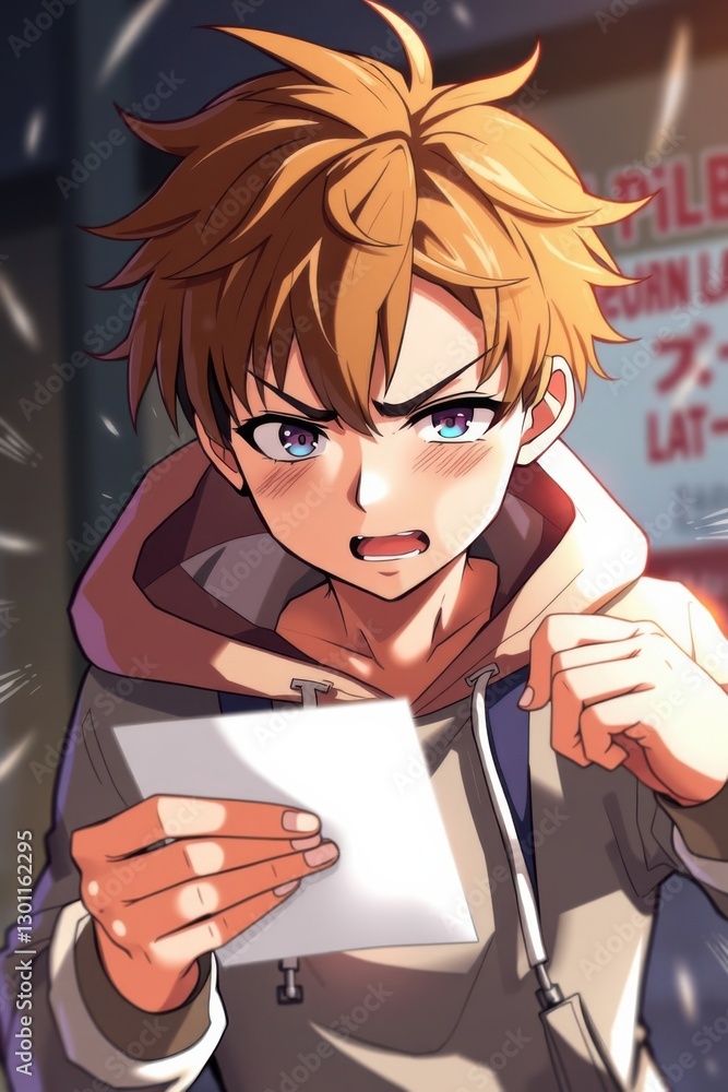 Anime character with an angry expression holds a letter, showcasing ...