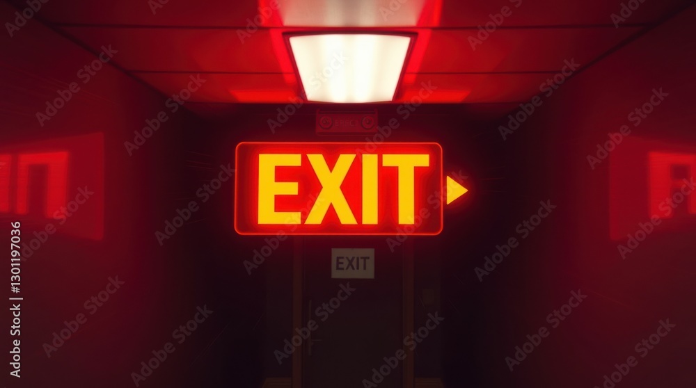 Emergency exit sign illuminates a darkened hallway, indicating the ...