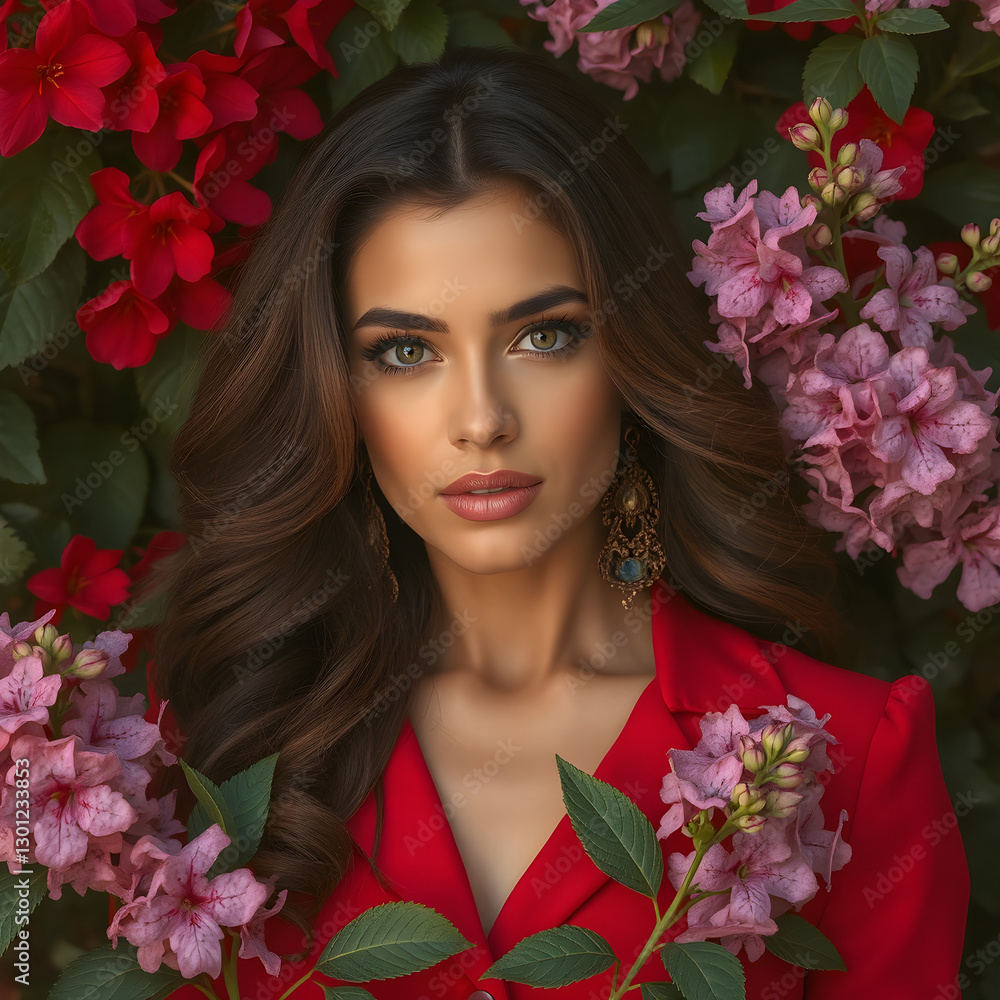 La pasión y energía de una mexicana se fusionan con la delicadeza de un entorno floral. Stock ...