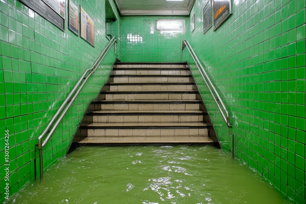 A Flooded Subway Entrance With Murky Water Rising Above The Stairs Due