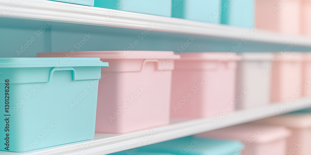 Pastel plastic storage bins lined up on shelves in a light setting ...
