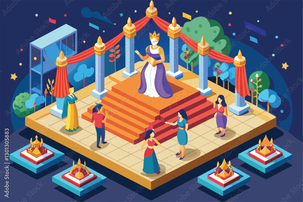 Contestants showcase their talents on a colorful stage while a crowned ...