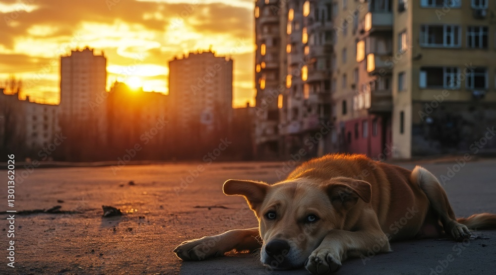 Homeless canine resting on pavement, urban skyline backdrop, golden ...