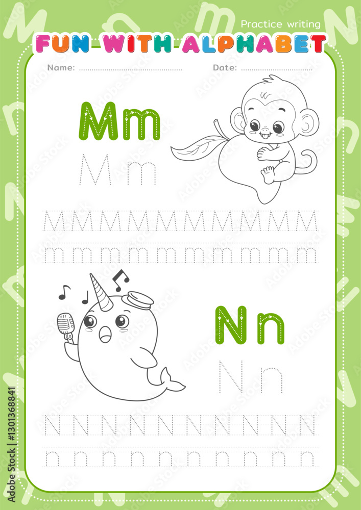 English alphabet tracing practice worksheets, educational letters m-n ...