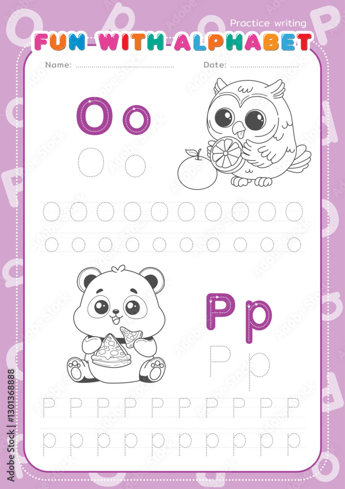 English alphabet tracing practice worksheets, educational letters o-p ...