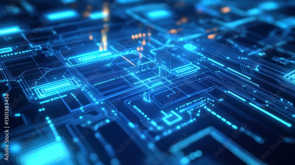 Glowing blue electronic circuit board showing complex digital pathways ...