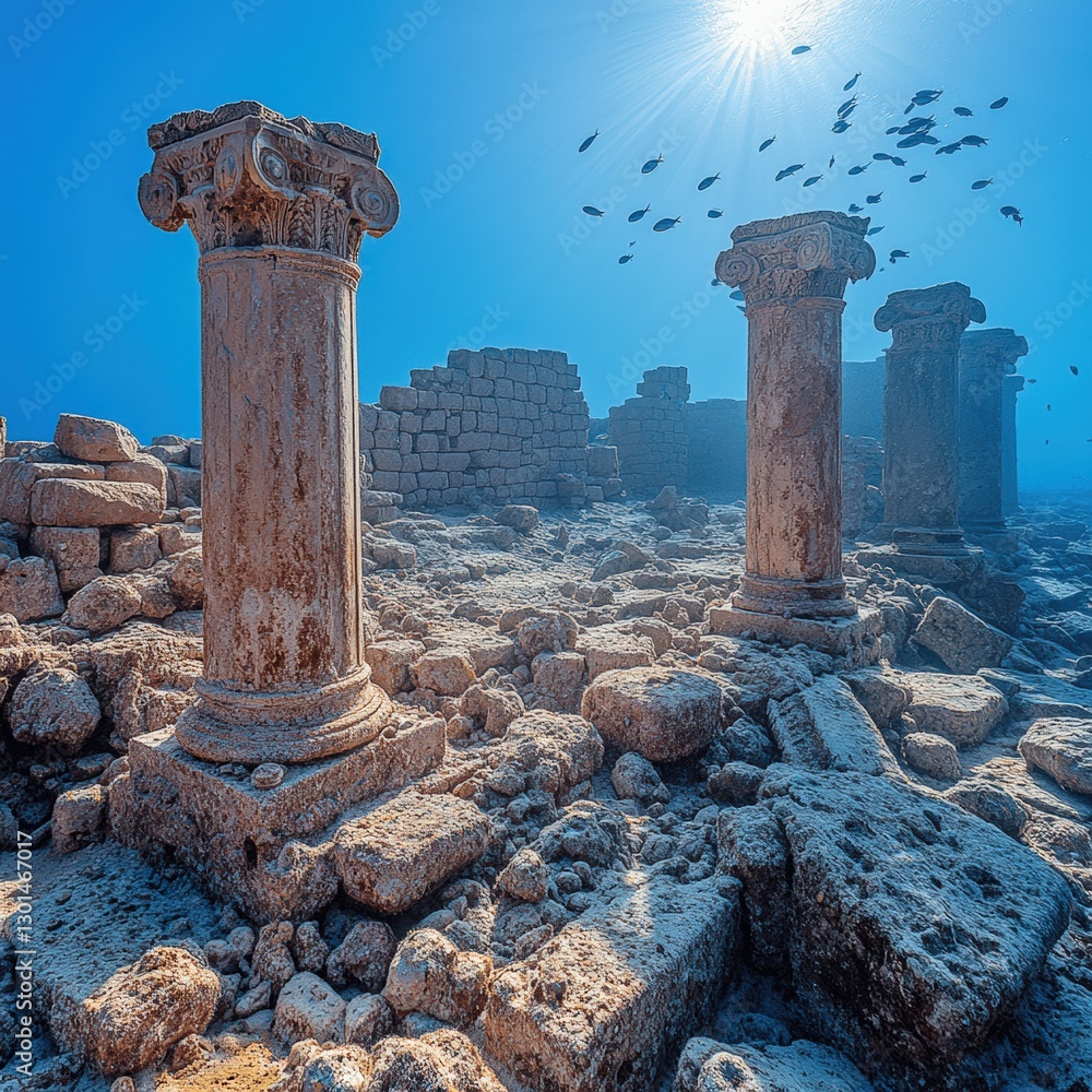 Underwater Ancient Ruins with Pillars and Sunlit Fish Swarm - Exploring ...
