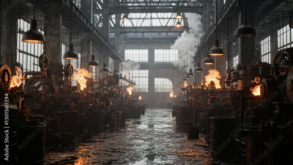 A large vintage industrial factory with glowing fire and steam ...