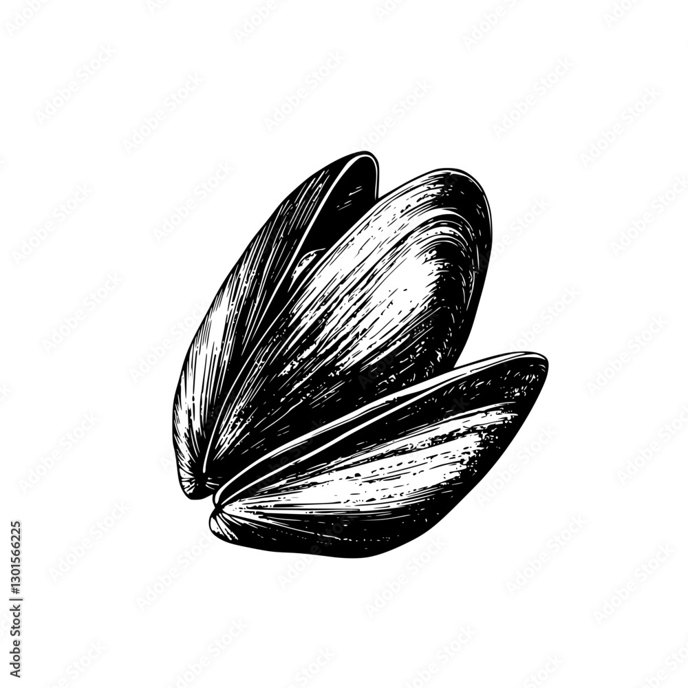 Engraved vector illustration of open mussel shell on a white background ...
