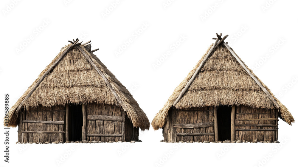 Two traditional wooden huts with thatched roofs on transparent ...