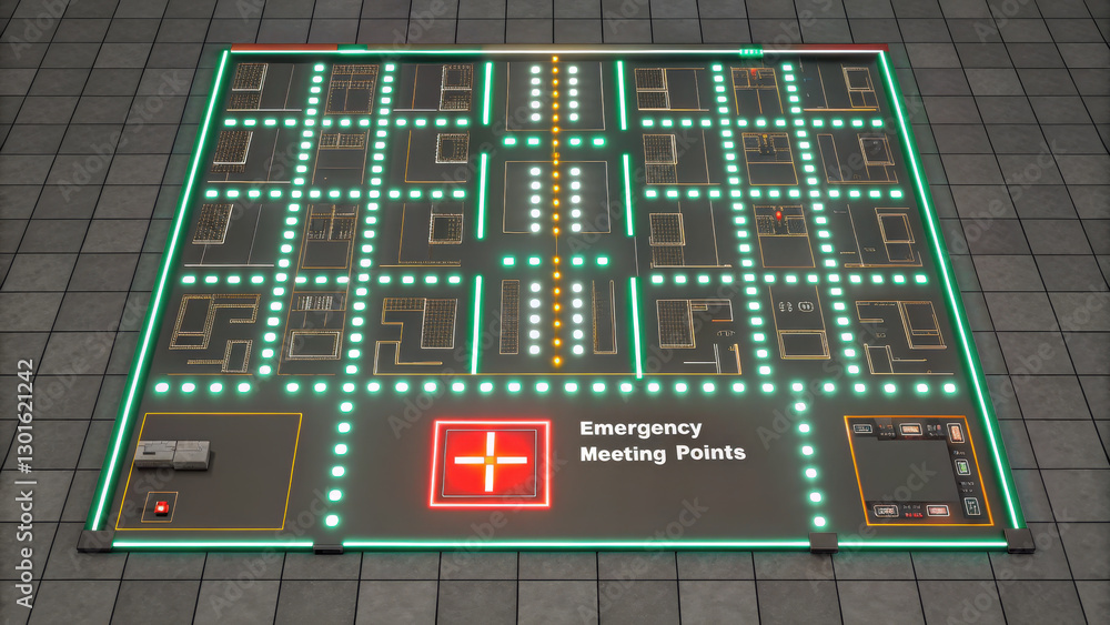 Emergency evacuation floor plan with illuminated exit paths and meeting ...