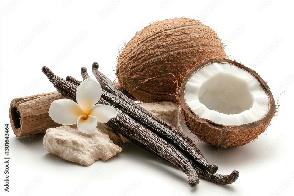 Vanilla pods, coconut, frangipani flower and sandalwood creating ...
