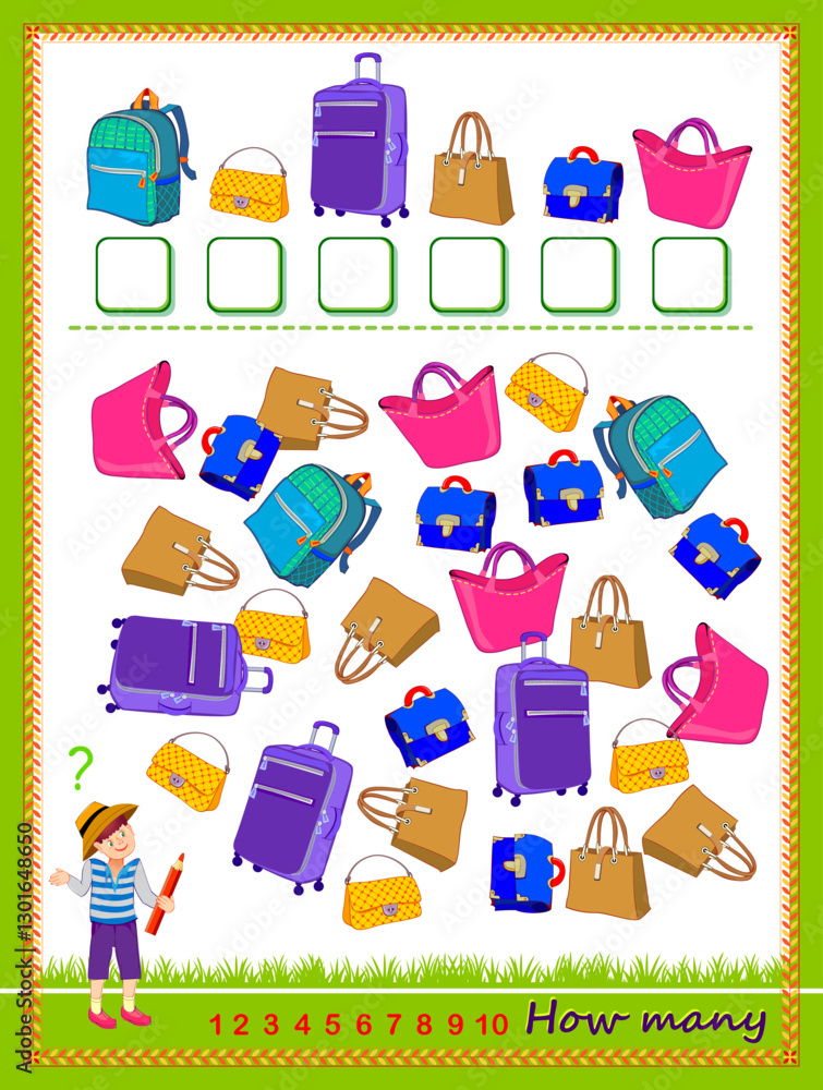 Mathematical education for children. How many bags can you find? Count quantity and write the ...