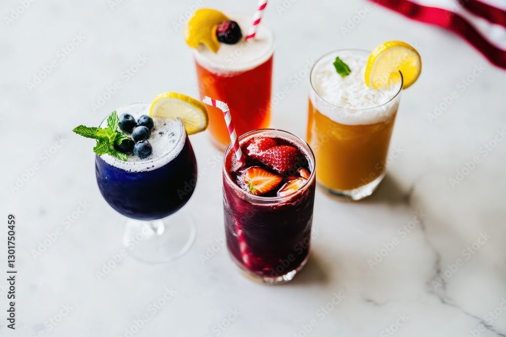 Colorful assorted fruit mocktails on white marble surface with fresh ...
