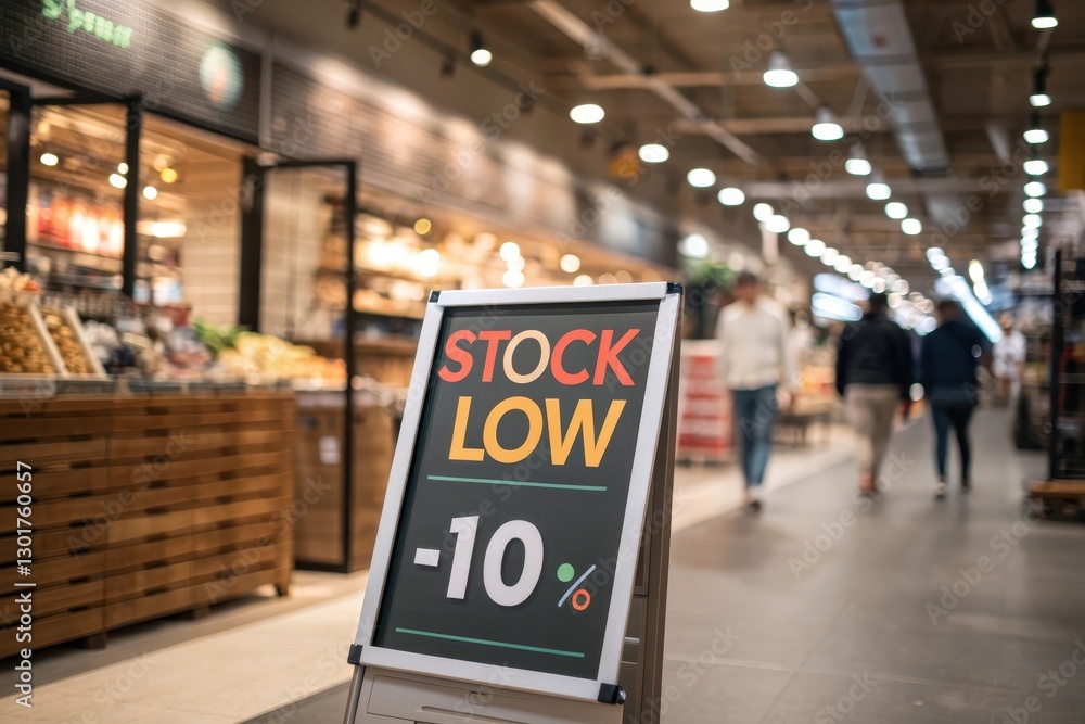 Stock reduction sale in a vibrant grocery store with a buzz of activity ...