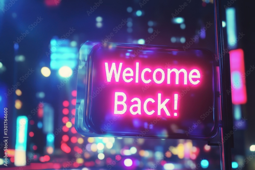 Neon sign illuminating the night streets, inviting all to come back and ...