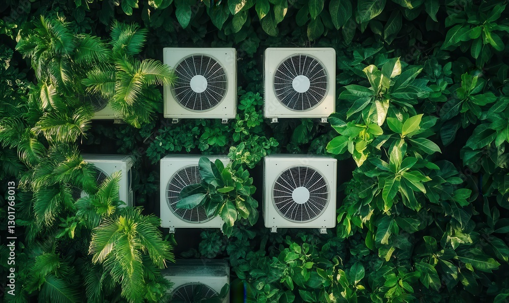 The image of air conditioning units amidst verdant plants symbolizes ...