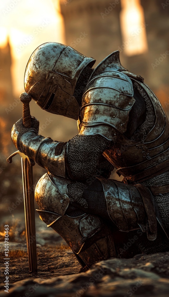Emotional scene of a knight in detailed armor, kneeling with a sword in ...