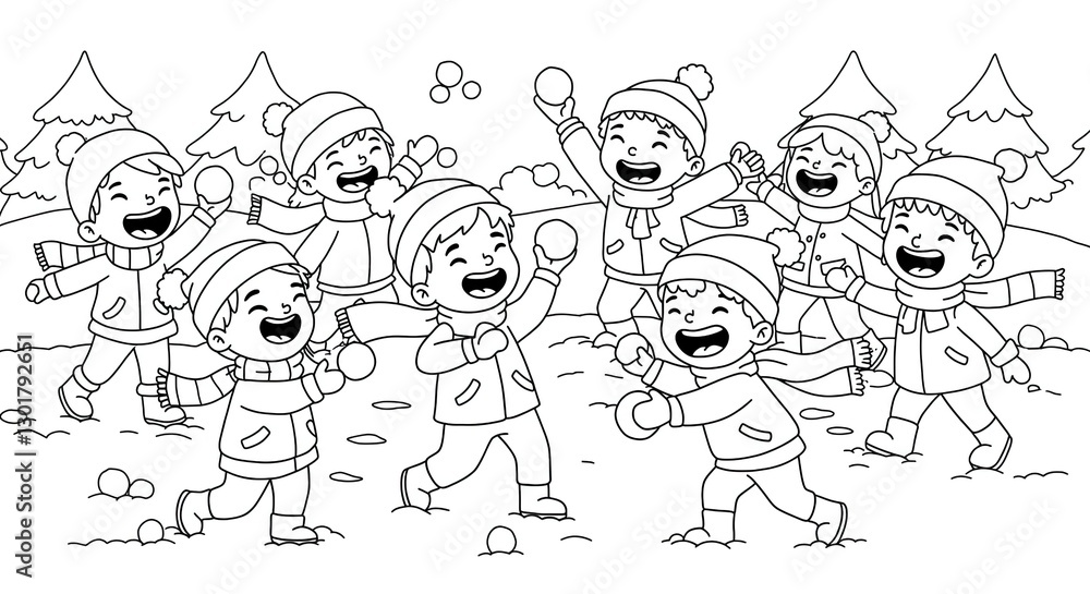 Joyful Snowball Fight Coloring Page: Cartoon Illustration of Happy ...
